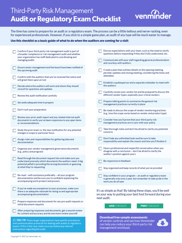 Third Party Risk Management Auditor Regulatory Exam Checklist | PDF ...