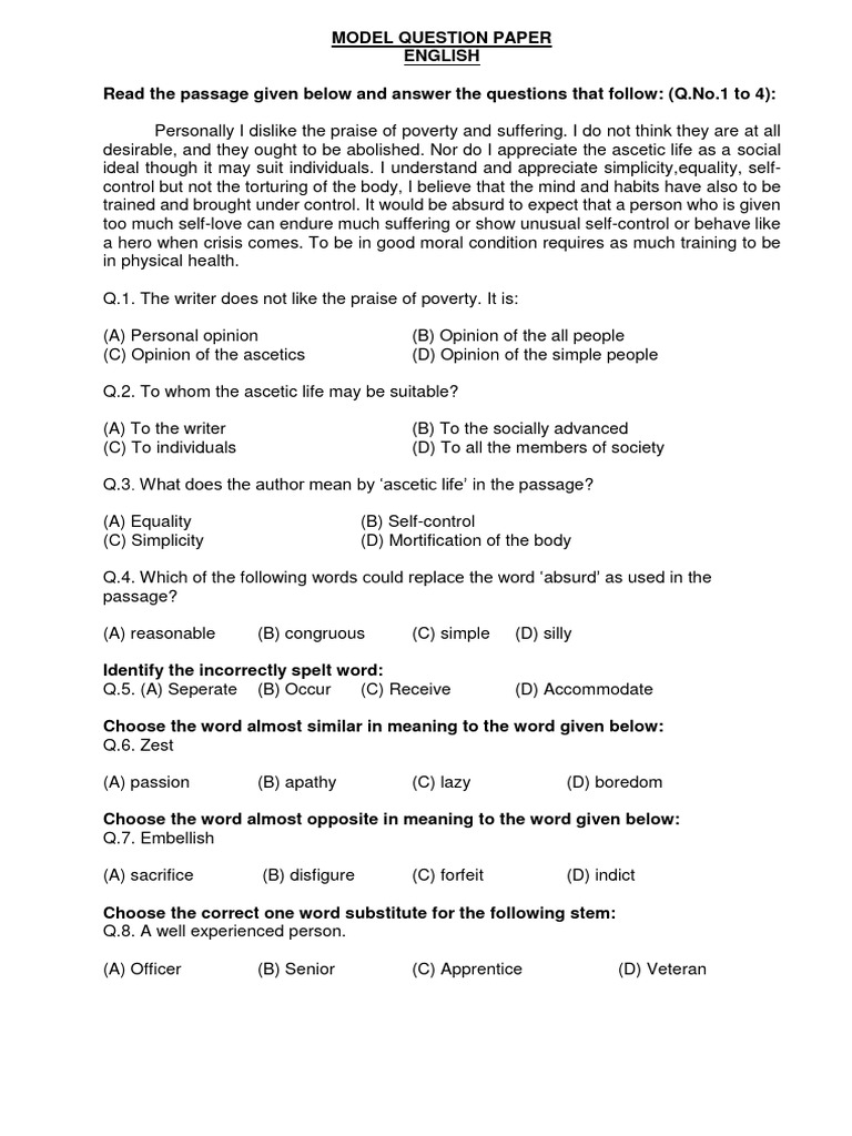 English Model Question Paper | PDF