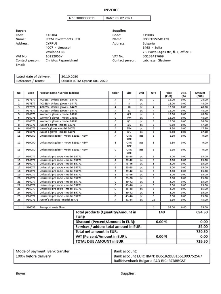 COMMERCIAL - INVOICE - 3-11 LTCM Cyprus | PDF | Sock | Money