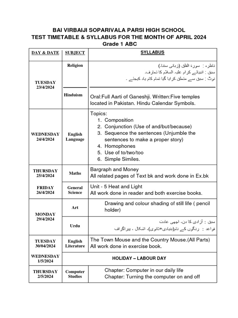 Grade 1 - Timetable & Syllabus For The Month of April 2024 | PDF