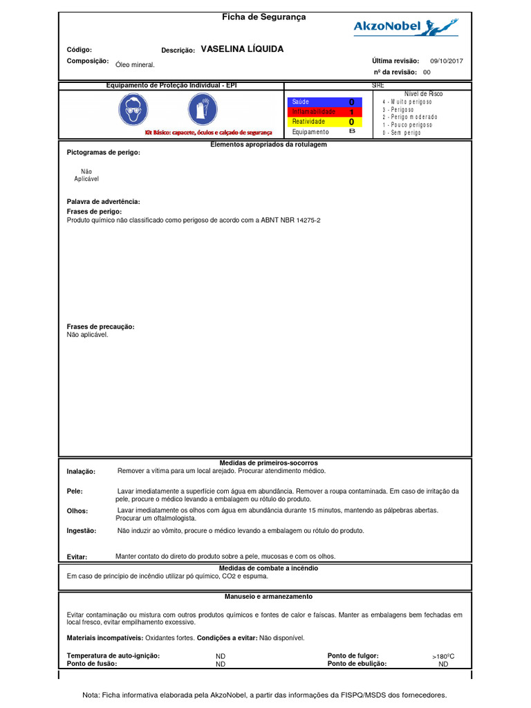 Vaselina Líquida - Ficha de Segurança - V0 | PDF | Embalagem e rotulagem