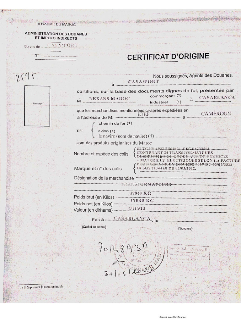 certificat d'origine transfo | PDF