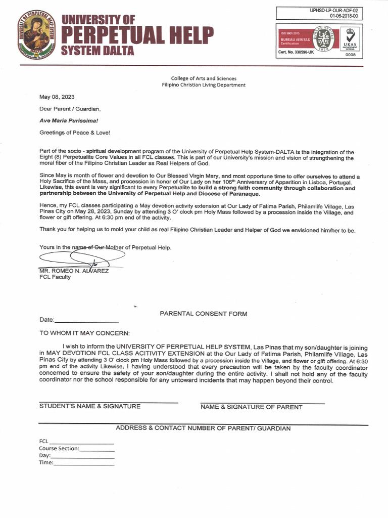 May Devotion FCL Activity-Parent Consent | PDF