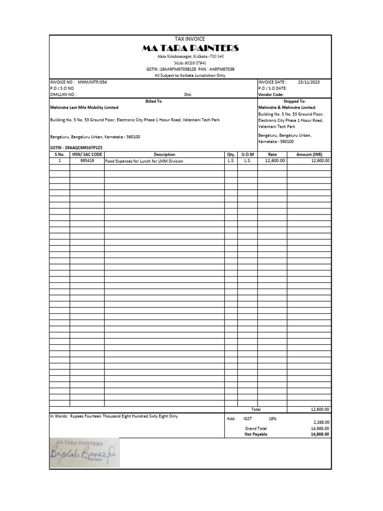 Food Bill Kolkata Area Office Training PDF Trade Economies