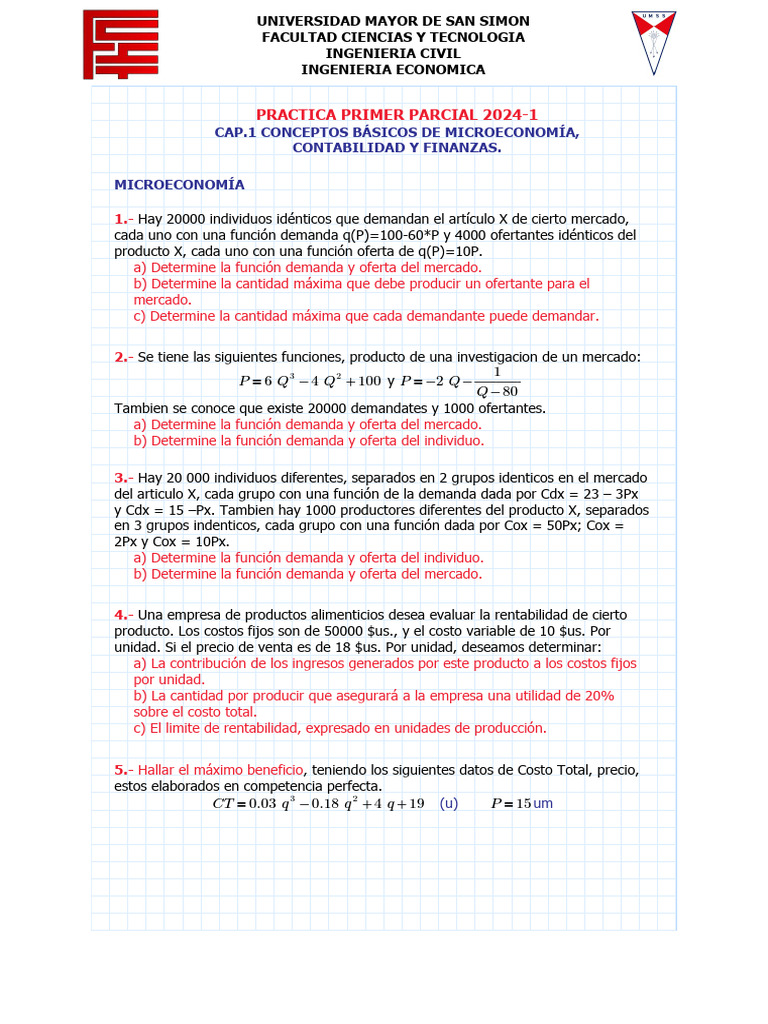 Practica Primer Parcial 2024-1: Cap.1 Conceptos Básicos de Microeconomía, Contabilidad Y ...