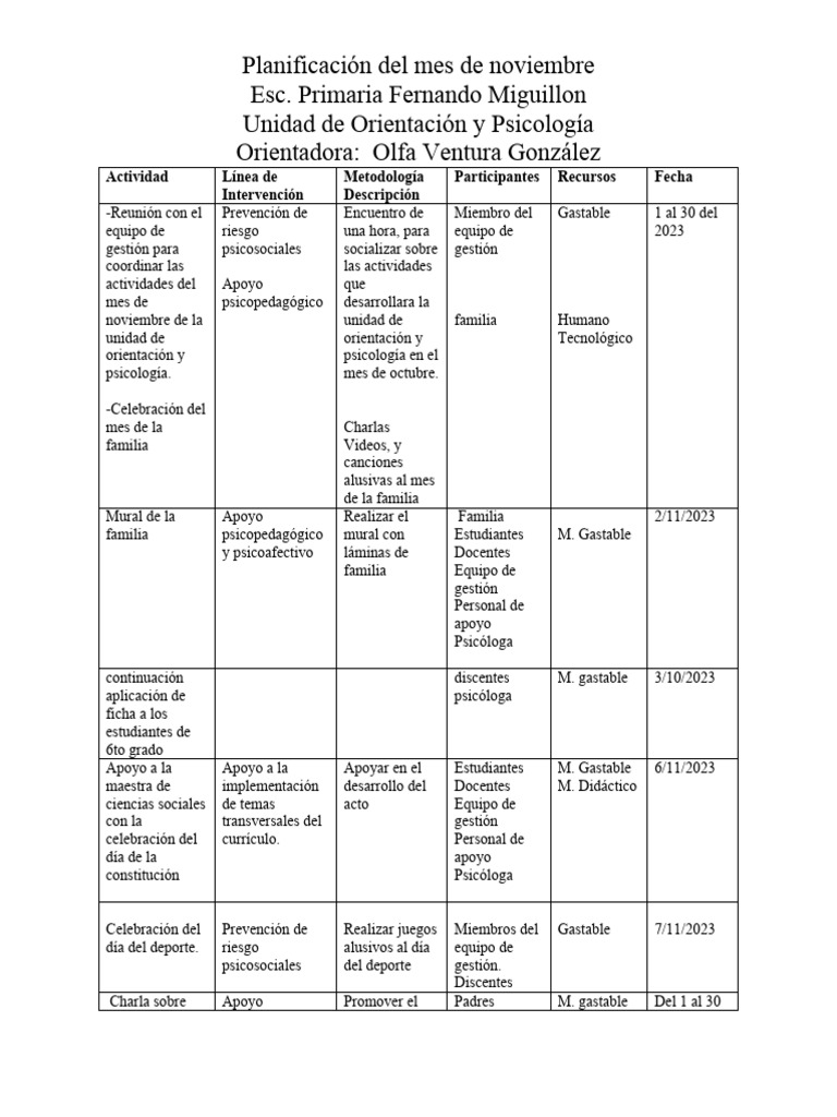 Planificacion Del Mes de Noviembre e 2023 | PDF | Enseñando | Plan de ...