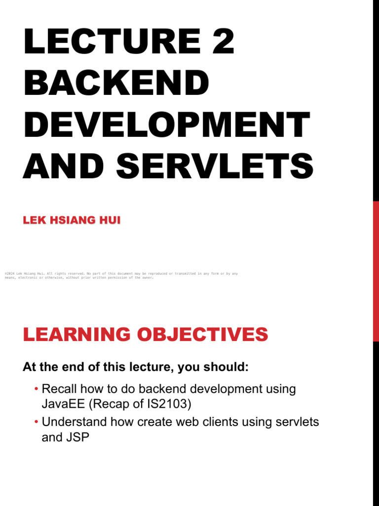 Backend Development and Servlets: Lek Hsiang Hui | PDF | Computing | Computer Programming