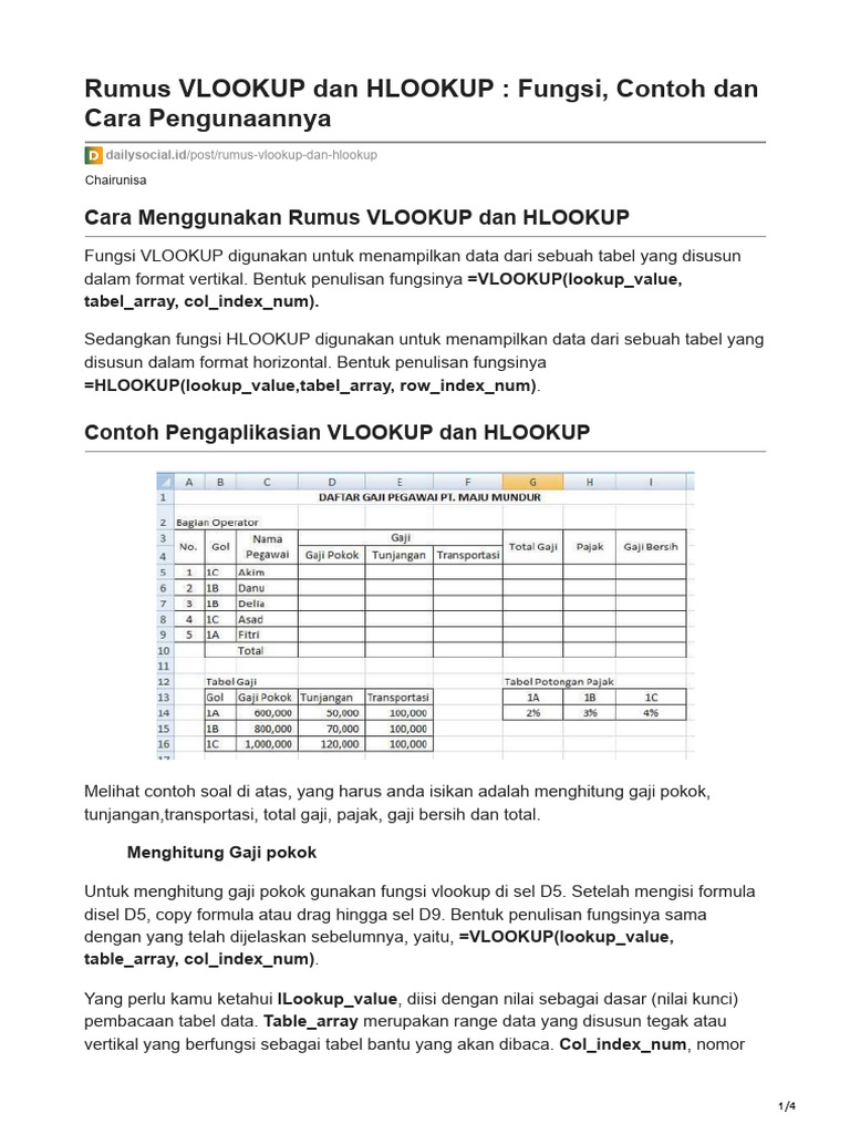 Rumus VLOOKUP Dan HLOOKUP Fungsi Contoh Dan Cara Pengunaannya | PDF