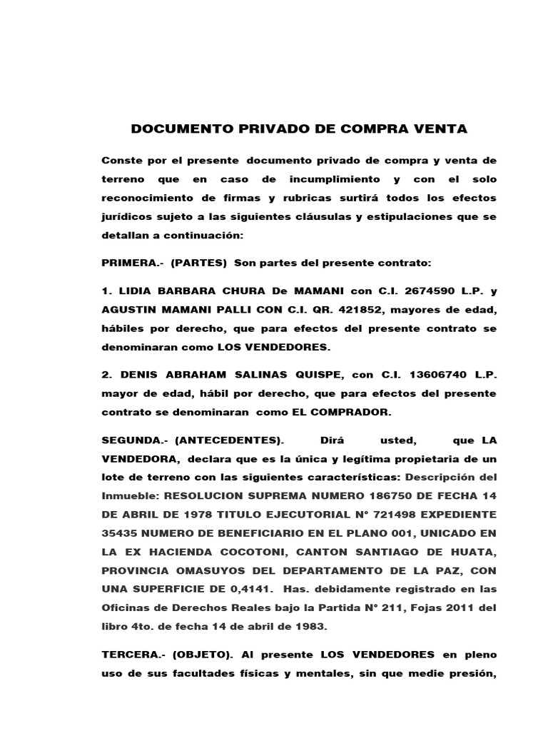 Documento Privado de Compra Venta | PDF