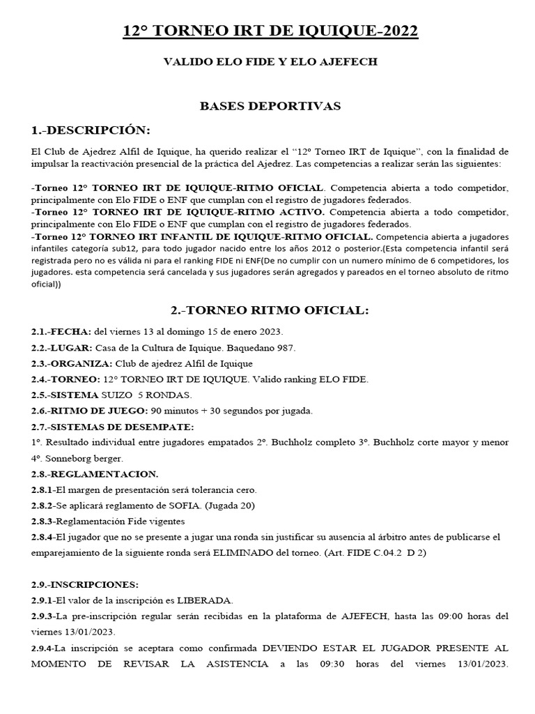 Bases 12 IRT2023 | PDF | Ajedrez | Juegos competitivos