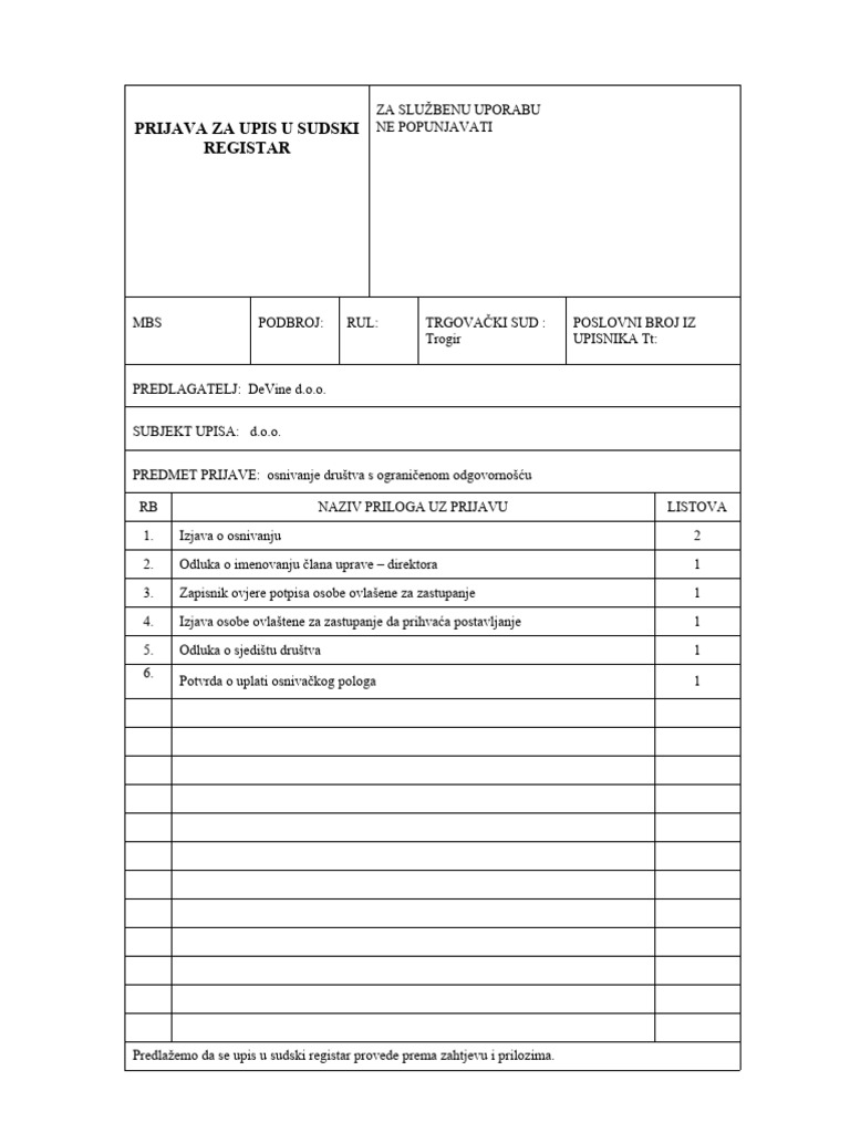 1 Prijava Za Upis U Sudski Registar | PDF