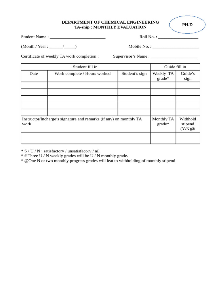 Monthly TA Evaluation Form - Chemical Engineering | PDF