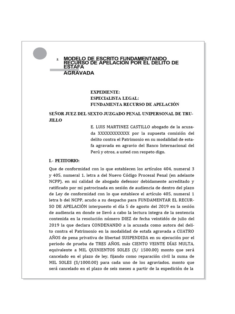 ESCRITO APELACION DE SENTENCIA PENAL | PDF | Sentencia (ley) | Apelación