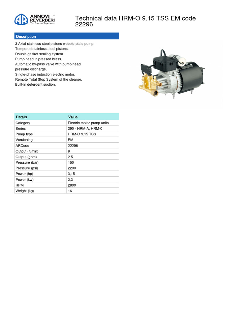 Technical Data HRM-O 9.15 TSS EM Code 22296: Description | PDF | Pump | Internal Combustion Engine