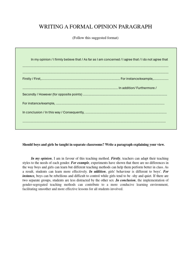 EII3 Writing 5 WRITING A FORMAL OPINION PARAGRAPH | PDF | Teaching ...