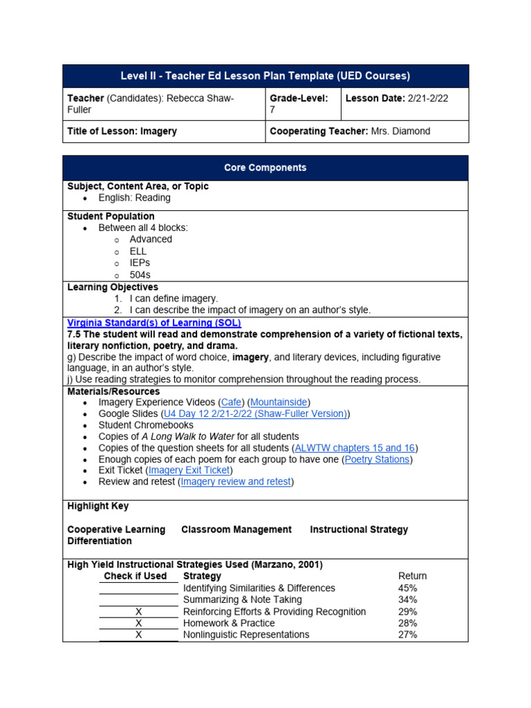 Level II Lesson Plan: Imagery in English | PDF | Reading Comprehension ...