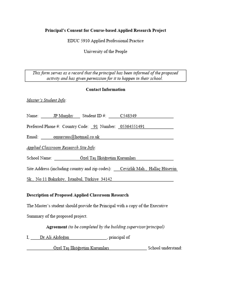 Principal's Consent for Research Project | PDF | Cognition | Learning