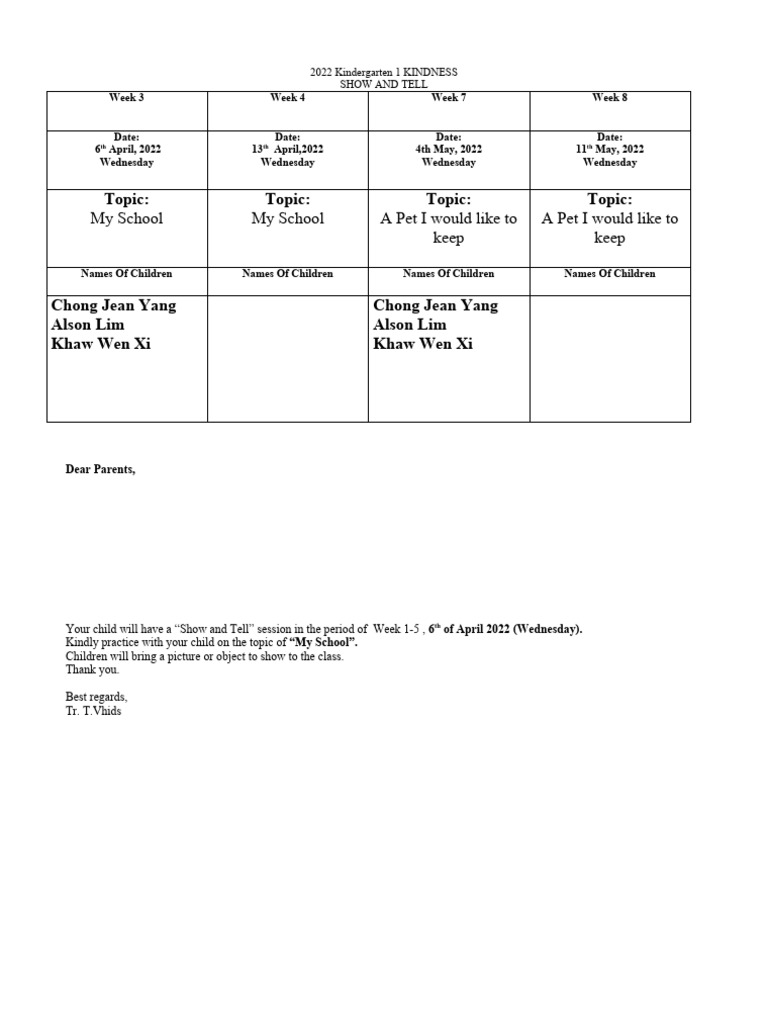 Show and Tell Kindergarten 1 KINDNESS | PDF