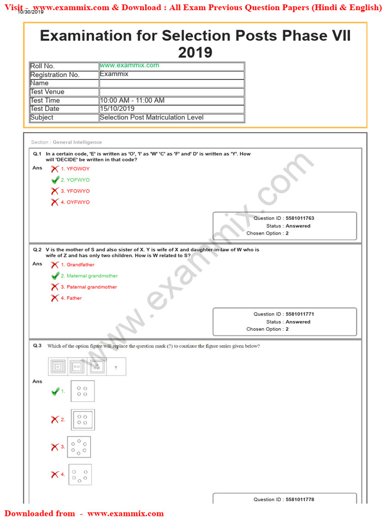 SSC Selection Post Phase VII (2019) Question Paper 15.10.2019 English Exammix | PDF