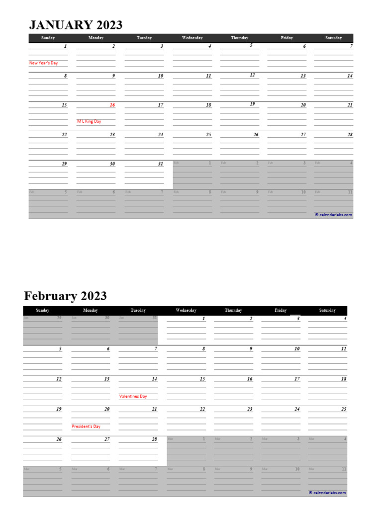 2023 Monthly Calendar Excel Template 04 | Download Free PDF | Holidays ...
