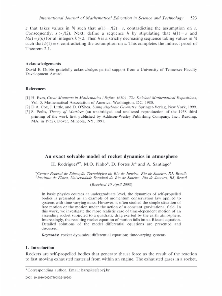 An Exact Solvable Model of Rocket Dynamics in Atmosphere | PDF