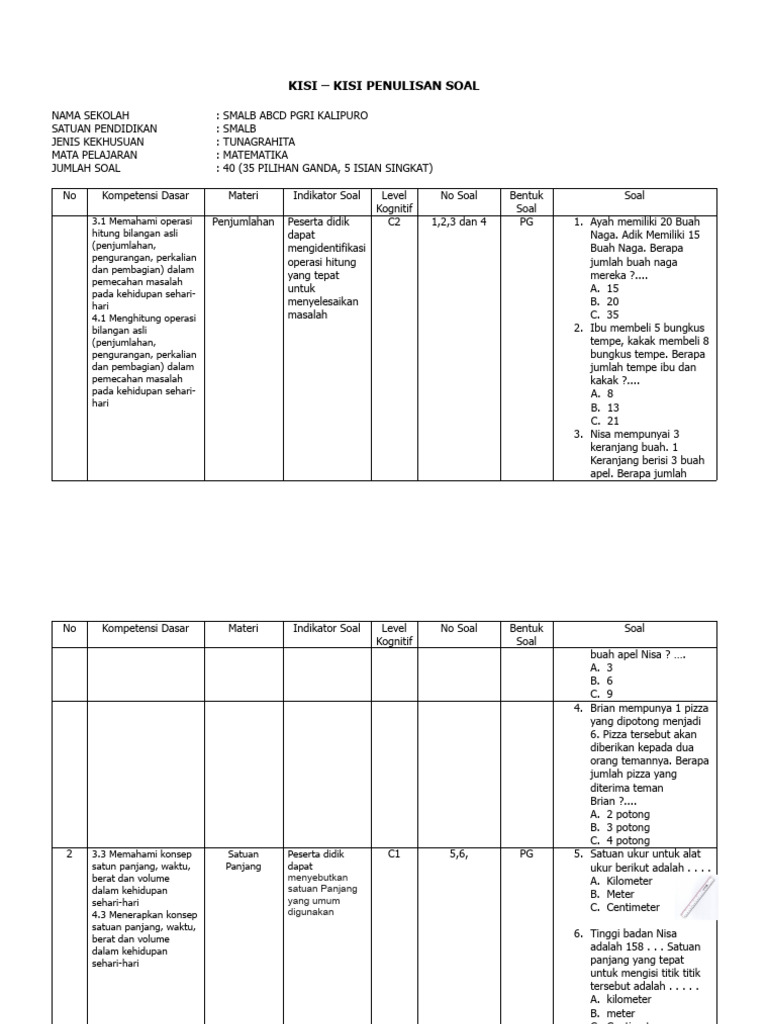 KISI Kisi Soal Matematika Smalb 2024 | PDF