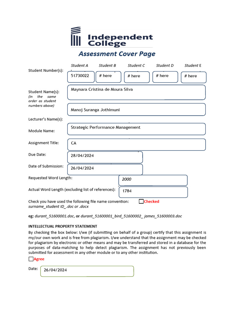 Assessment Cover Page: Student A Student B Student C Student D Student ...