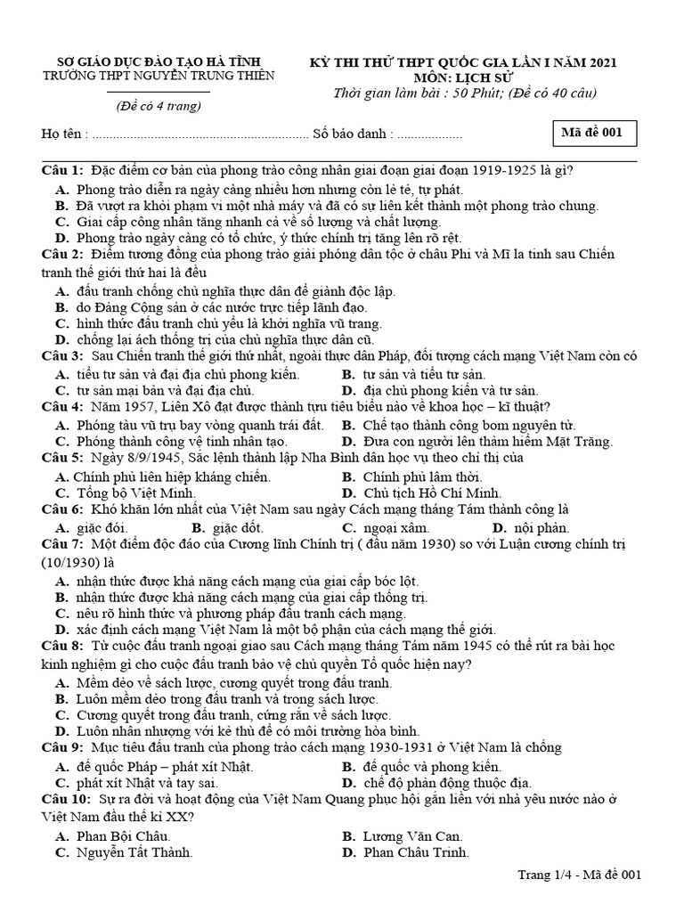 De Thi Thu TN THPT 2021 Lan 1 Mon Lich Su Truong Nguyen Trung Thien Ha Tinh | PDF