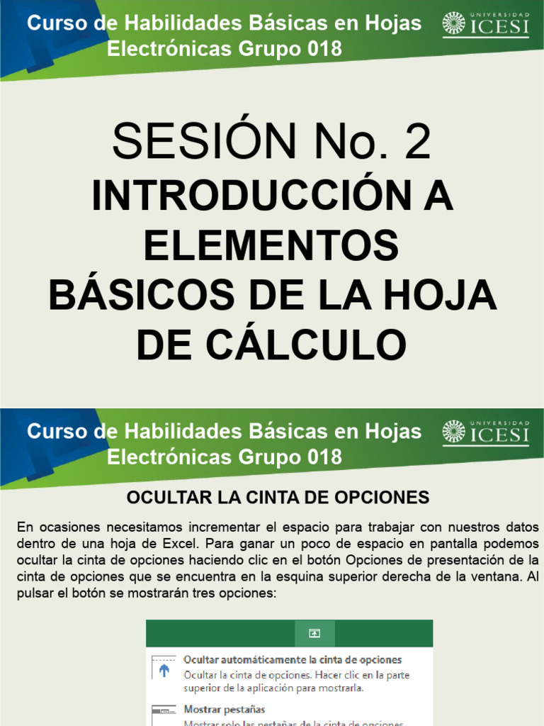 Sesión No. 2 - Introducción Elementos Básicos de La Hoja de Calculo | PDF | Microsoft Excel ...