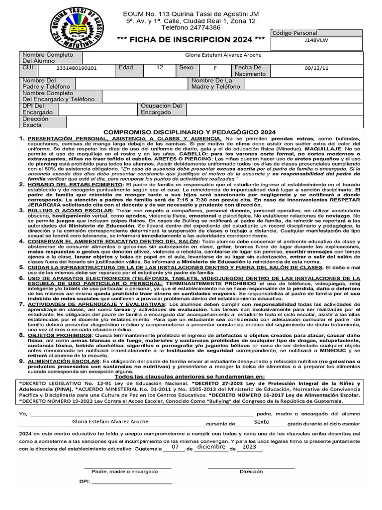 Ficha de Inscripcion 2024 William para Sexto | PDF