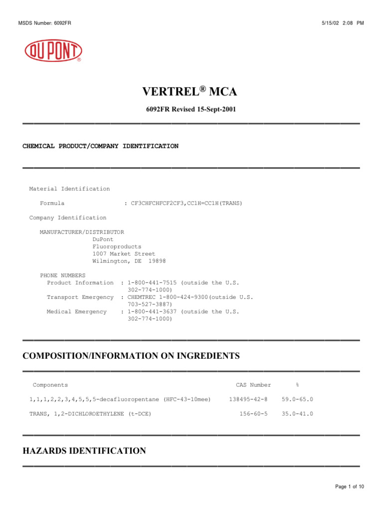 Vertrel MCA MSDS | PDF | Personal Protective Equipment | Dangerous Goods