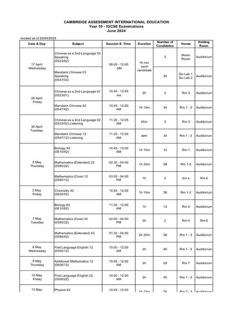 Y10 CAIE May June2024 Timetable Final | PDF | Student Assessment And ...