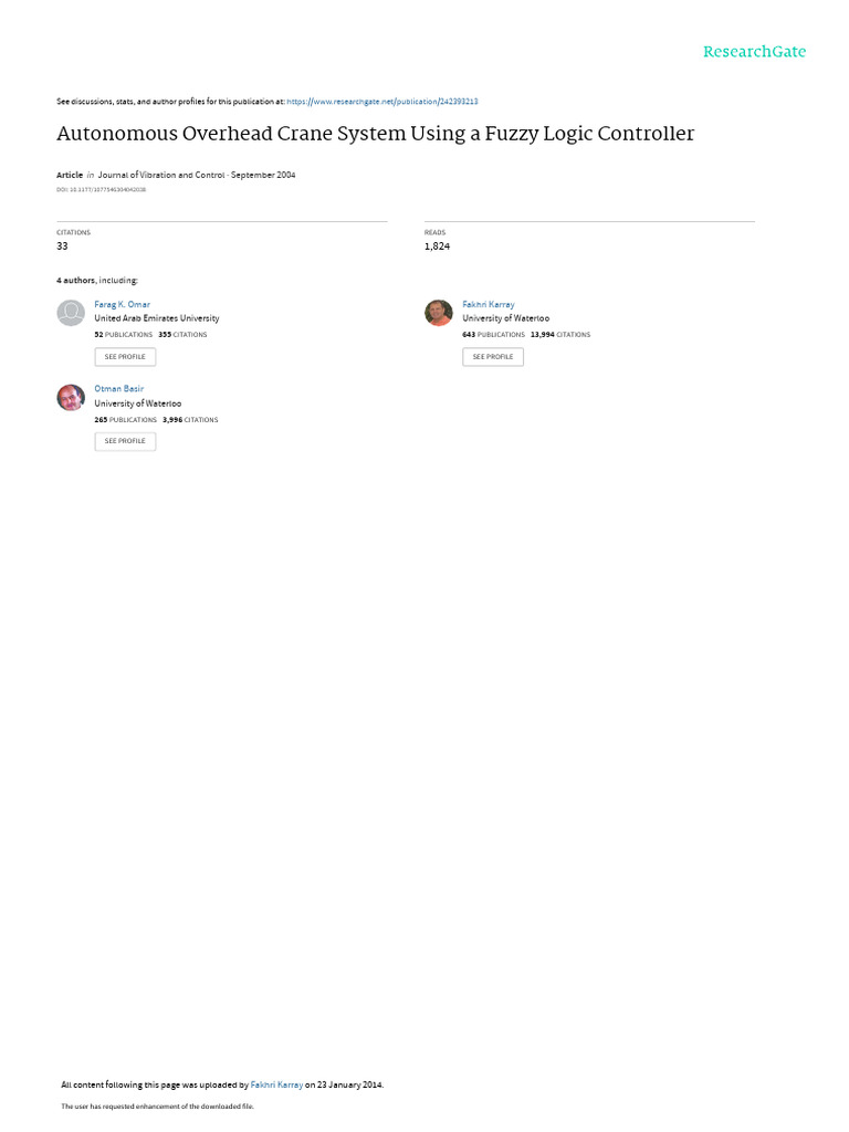 Autonomous Overhead Crane System Using A Fuzzy Log | PDF | Control Theory | Mechanics