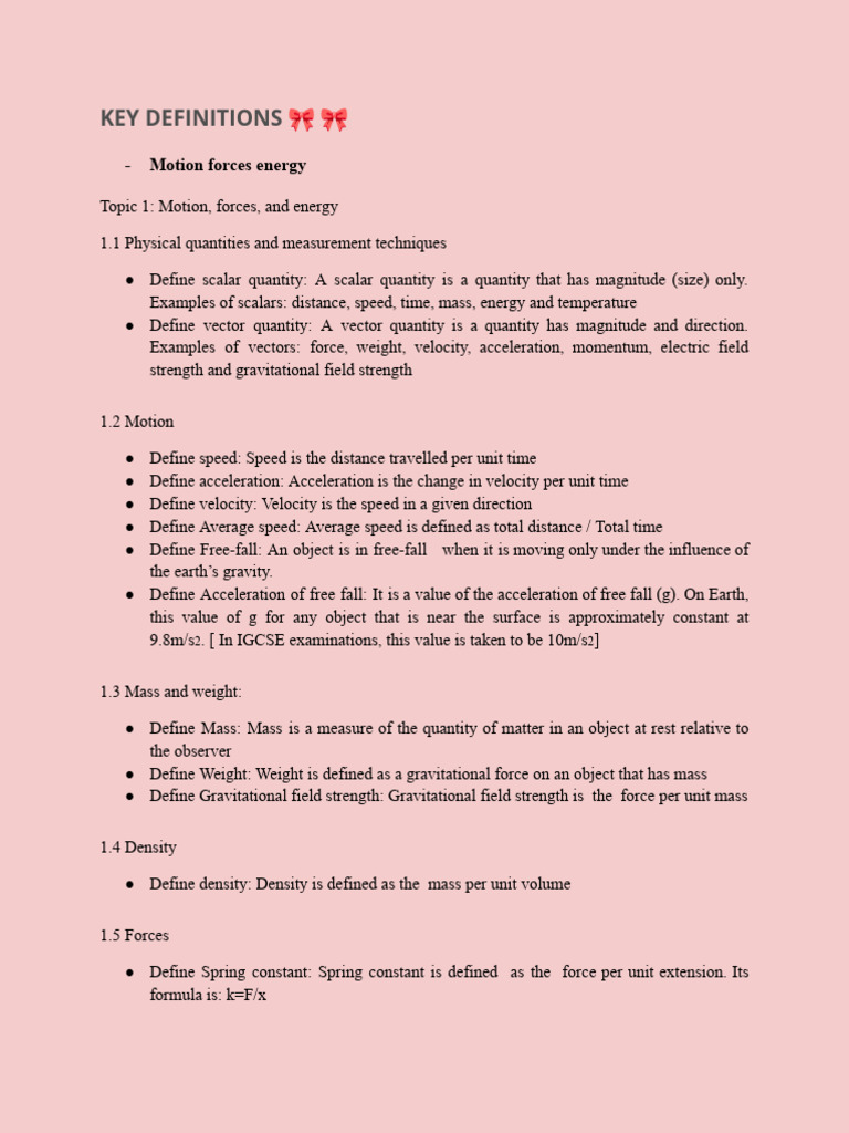 IGCSE Physics Key Definitions List | PDF | Waves | Force