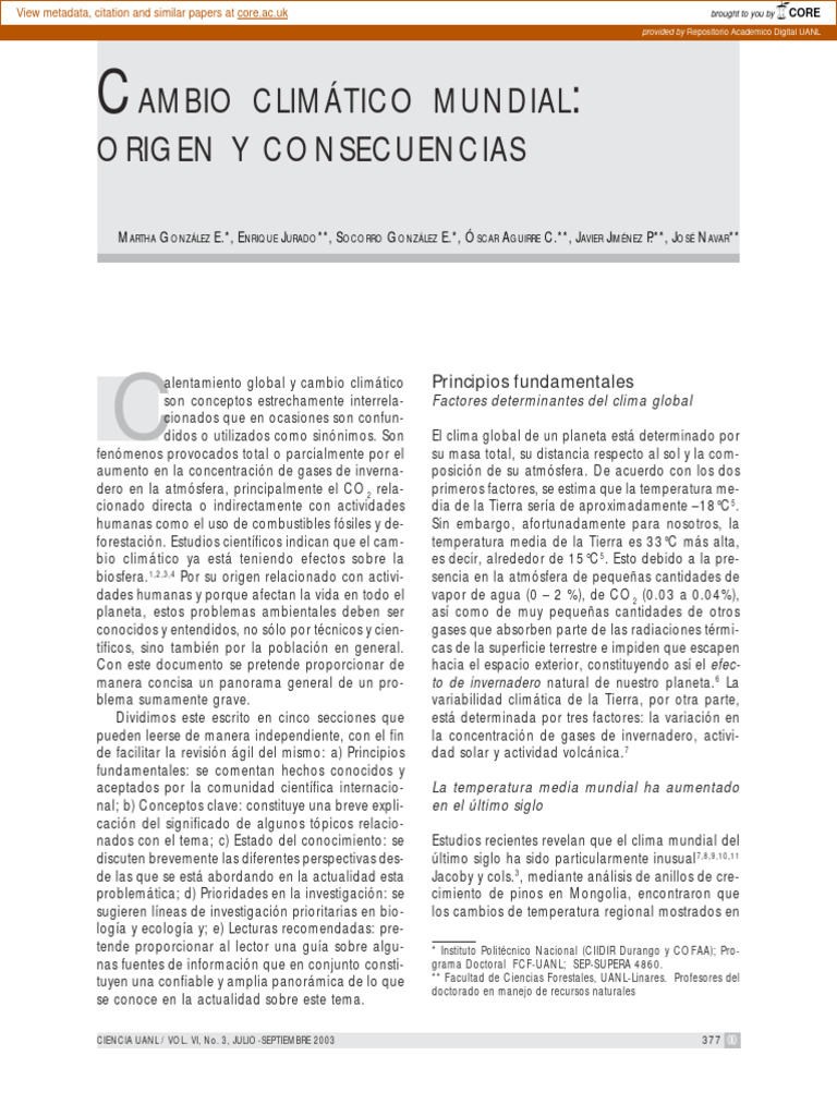 Origen y Consecuencias del Cambio Climático | PDF | Gases de efecto ...