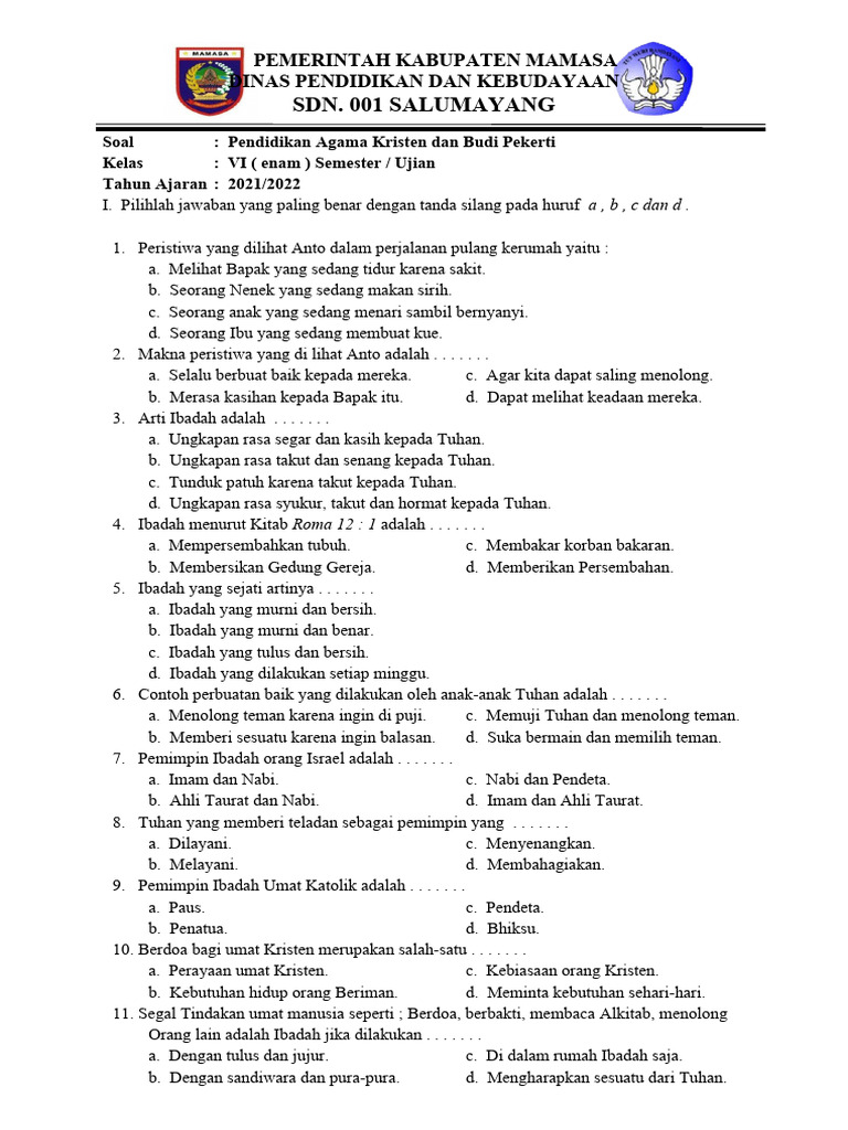 Soal Pendidikan Agama Kristen Kelas VI | PDF | Griya & Taman | Agama & Spiritualitas