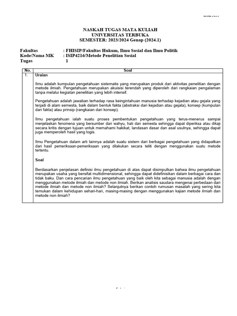TMK 1 Metode Penelitian Sosial ISIP4216 | PDF