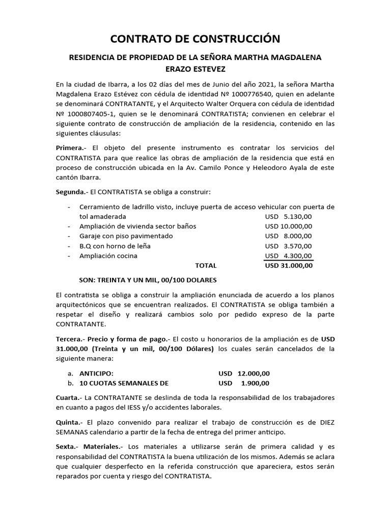 CONTRATO DE CONSTRUCCION SRA MARTHA ERAZO | PDF | Fundación (Ingeniería) | Diseño arquitectonico
