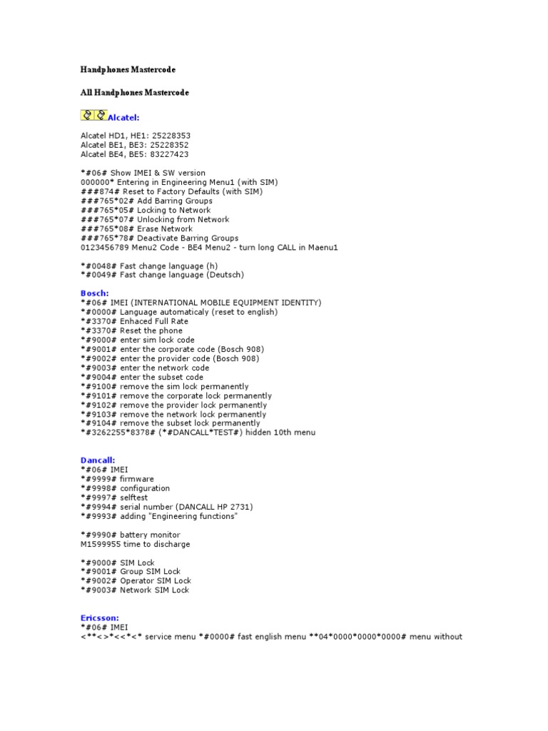 All Hand Phones Master Code | PDF | Subscriber Identity Module | Mobile ...