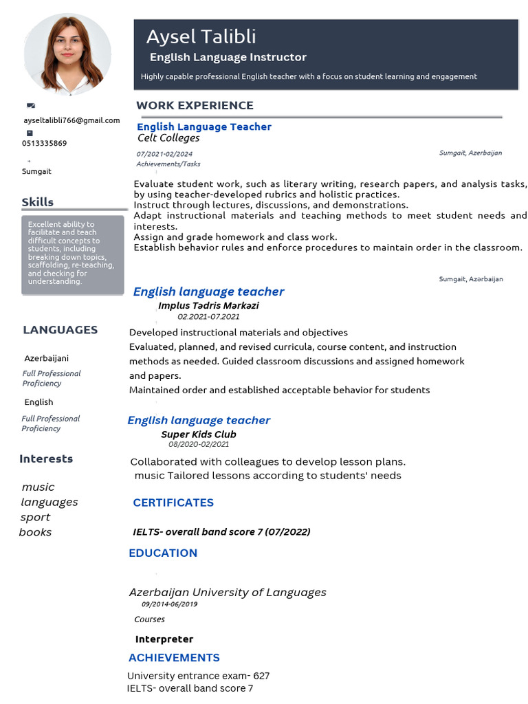 Aysel Talibli: Work Experience | PDF | Teachers | Human Communication