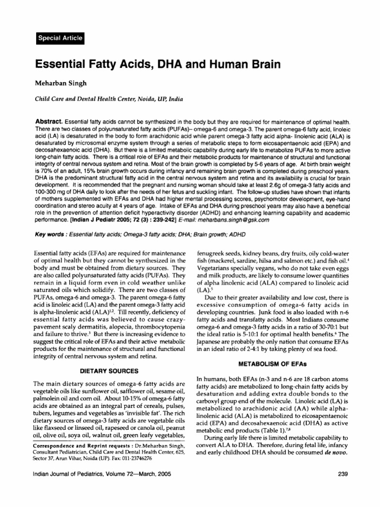 Singh2005 Article EssentialFattyAcidsDHAAndHuman | PDF | Docosahexaenoic Acid | Omega 3 Fatty Acid