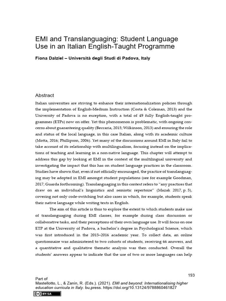 Translanguaging in Italian EMI Programs | PDF | Multilingualism ...