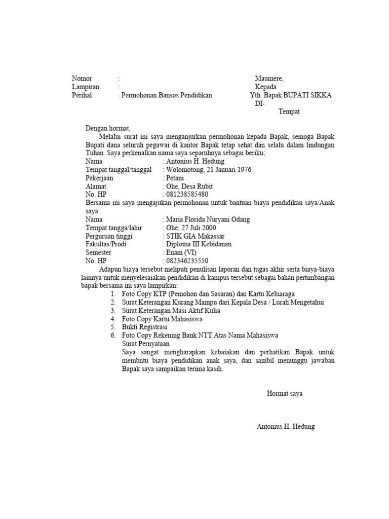 Surat Permohonan Bansos Pendidikan | PDF