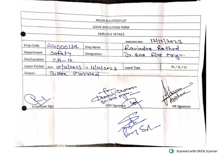 Ravindra Rathod Safety Leave Form Ca 10 | PDF