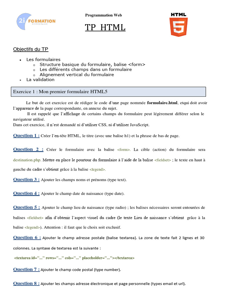 Création d'un Formulaire HTML5 | PDF | Html | Informatique