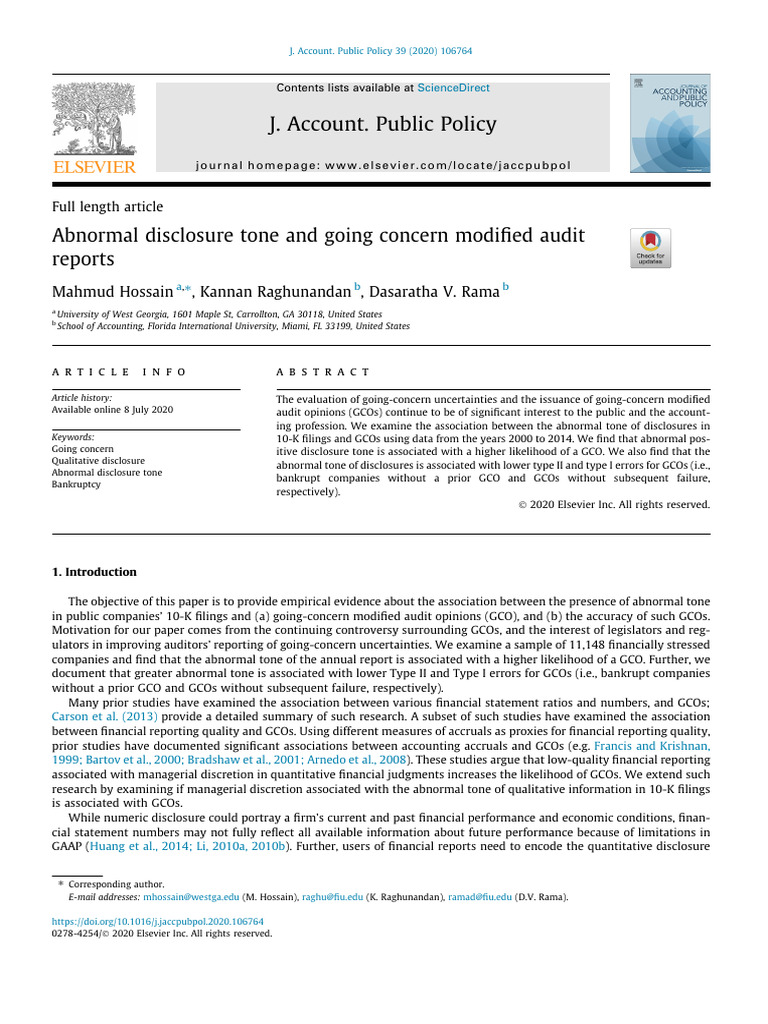 Abnormal Disclosure Tone and Going Concern Modified Audit Reports | PDF ...
