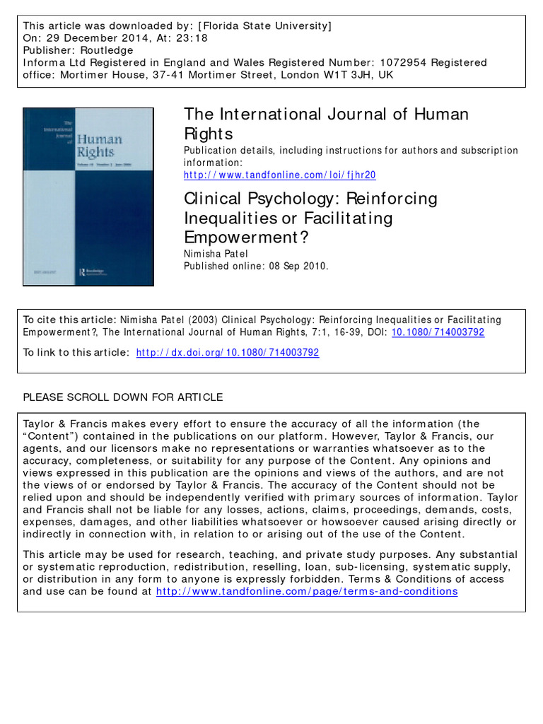 Patel Nimisha (2003) Clinical Psychology - Reinforcing Inequalities or Facilitating Empowerment ...