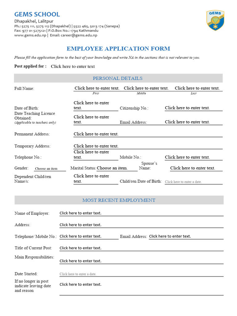 Employee Application Form GEMS Enjoy | PDF