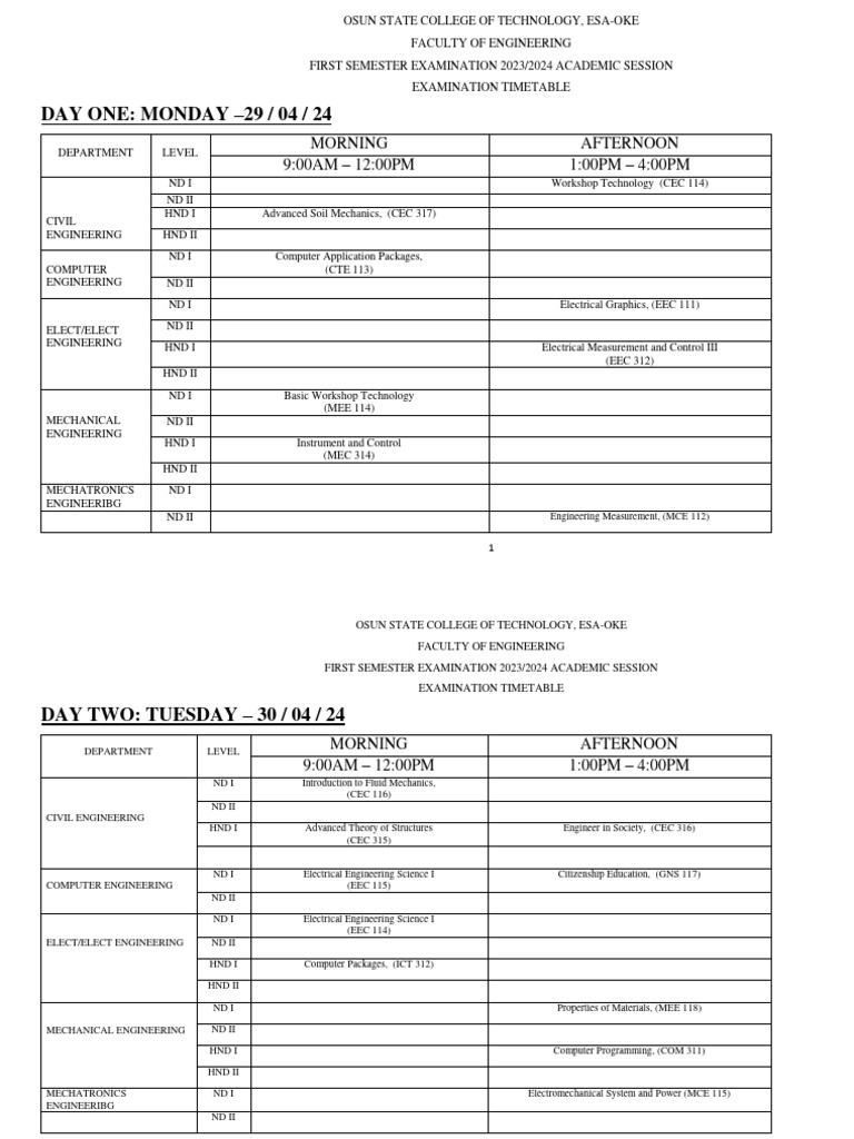 First Semester Examination Time Table For ND I and HND I - 2023 - 2024 | PDF | Engineering ...