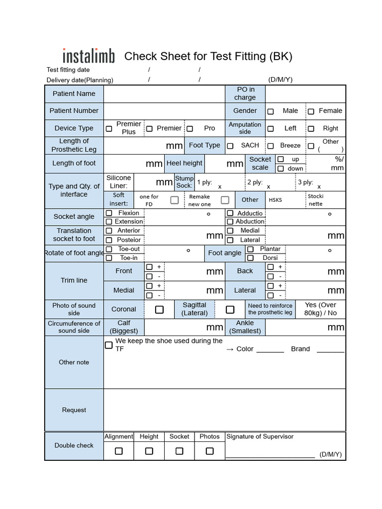 Test Fitting Check Sheet for Prosthetics | PDF | Foot | Anatomical ...